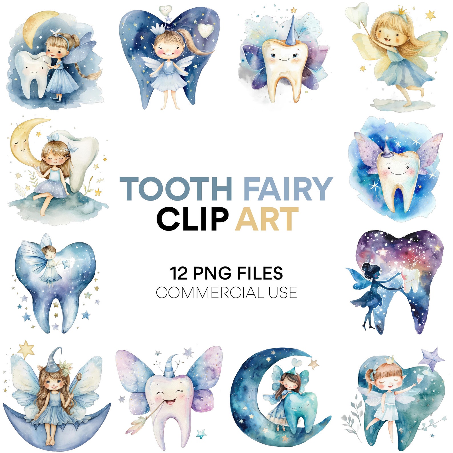 Tooth Fairy Clip Art: Watercolor Teeth & Fairy Clipart for Planner ...