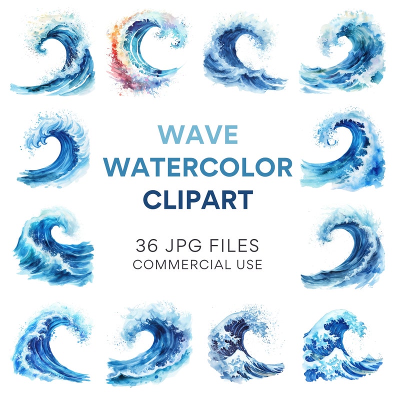 Wave Clipart: Ocean Waves Watercolor Clippers, Nautical Sea Clipart ...
