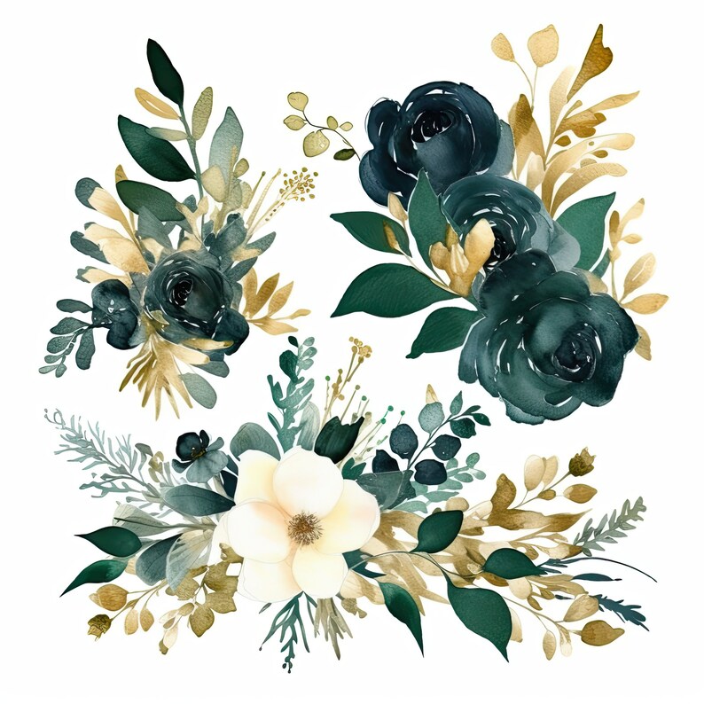 Dark Emerald and Gold Floral Bouquets Clipart Vintage Green Roses, St ...