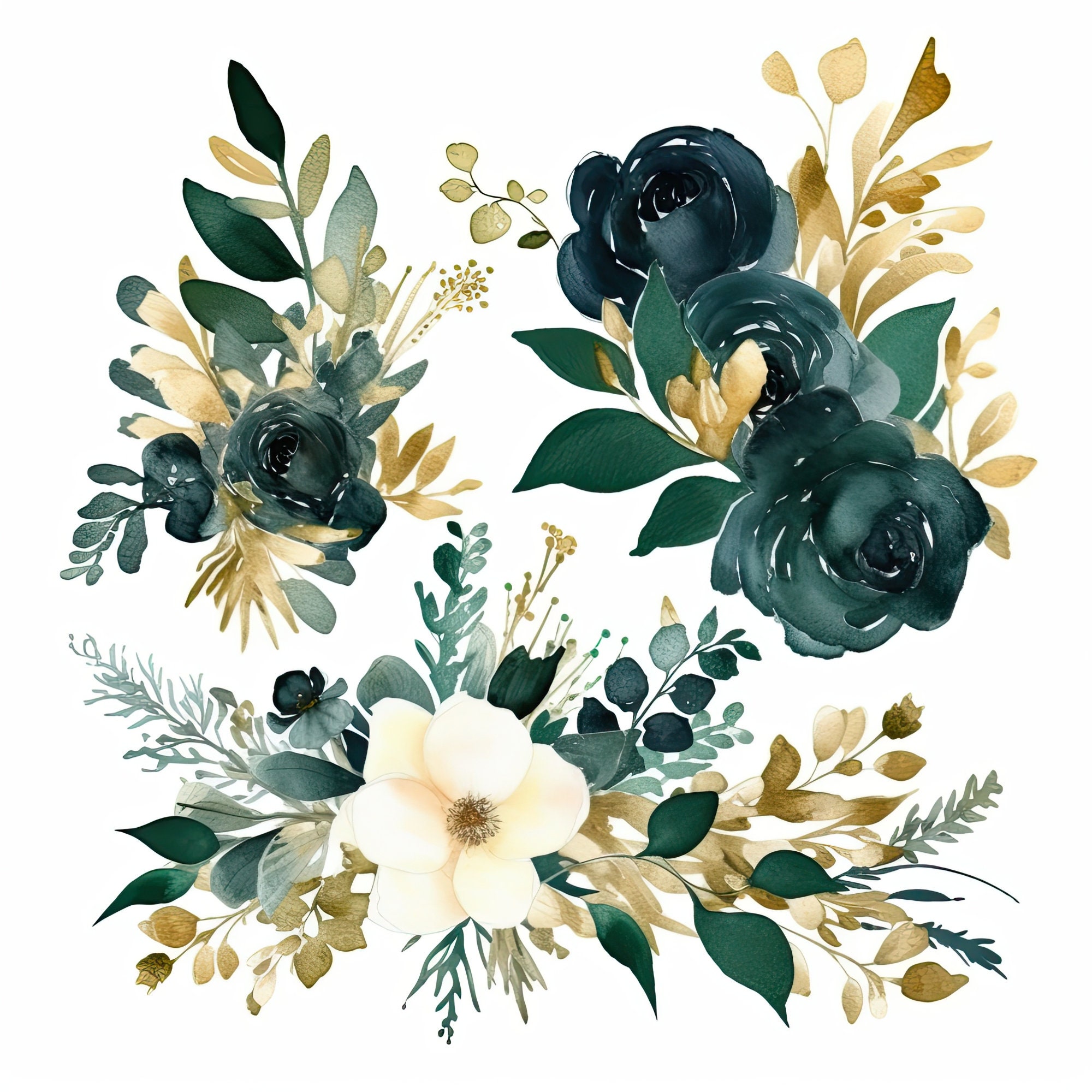 Dark Emerald and Gold Floral Bouquets Clipart Vintage Green Roses, St ...
