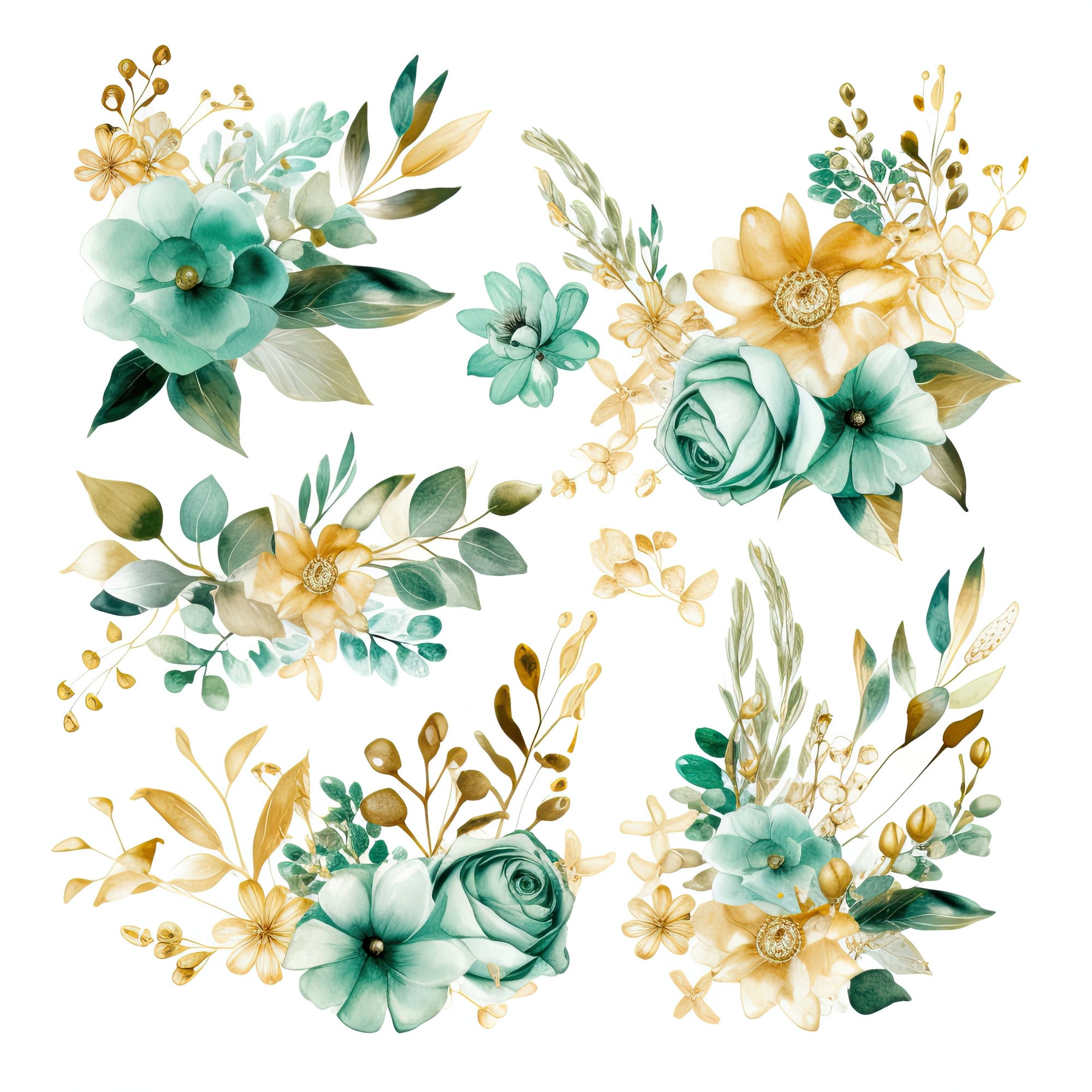 Emerald and Gold Floral Bouquets Clipart: Vintage Flowers in Green and ...