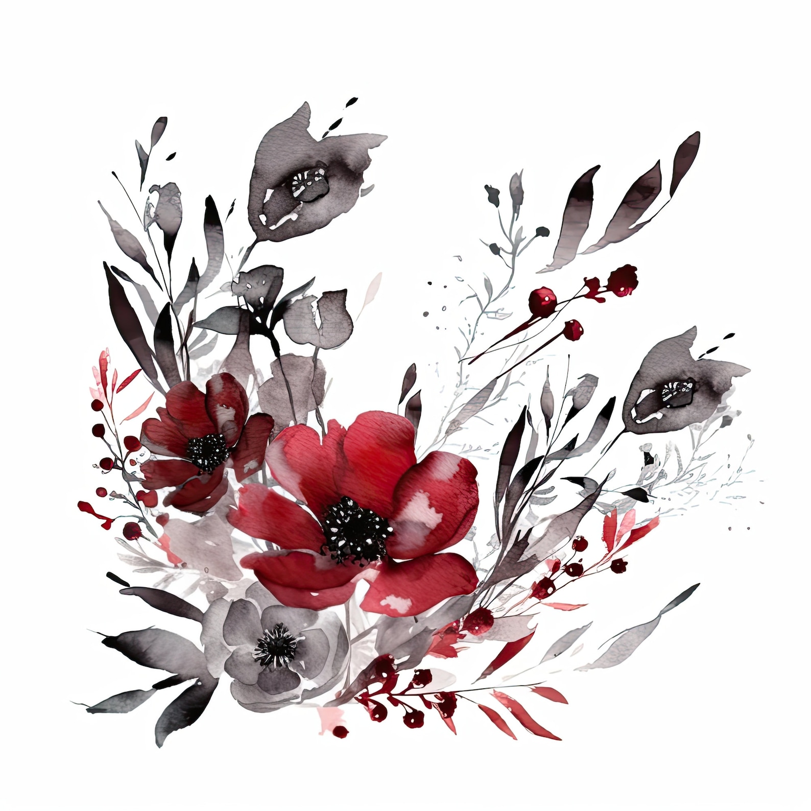 Crimson Black and Silver Floral Clipart With Glitter Flowers - Vintage ...