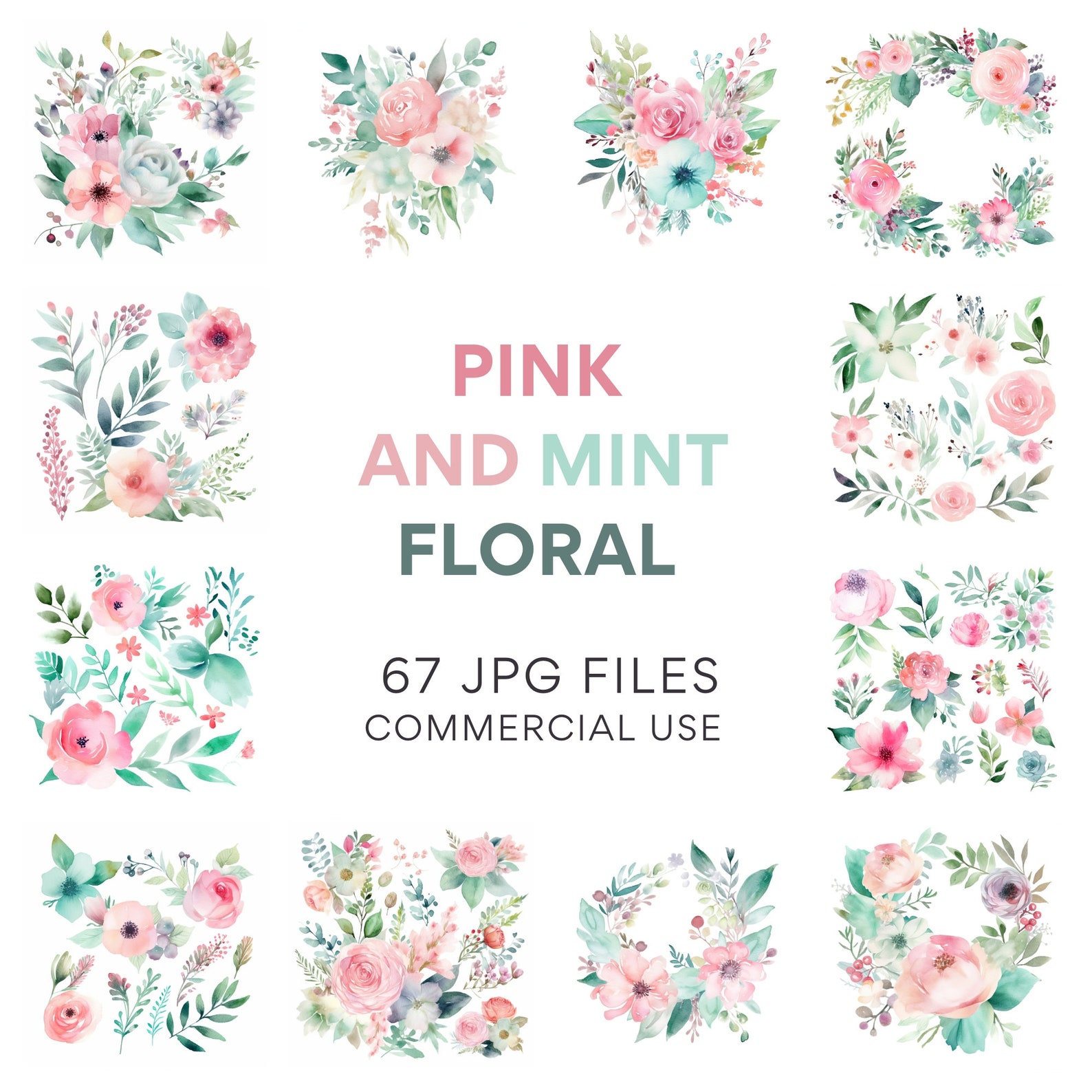 Charming Pink and Mint Floral Clipart - Vintage Roses, Rustic ...