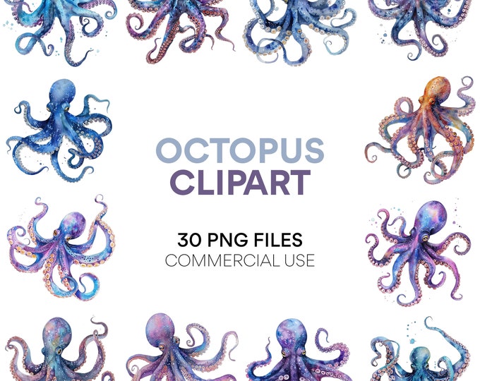 Watercolor Octopus Clipart Set of 34 PNG Files, Sea Animals Clipart ...