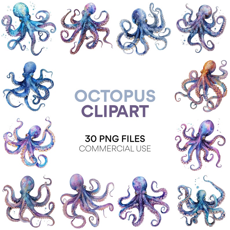 Octopus Clipart: Cute Watercolor Octopus Digital Download for ...