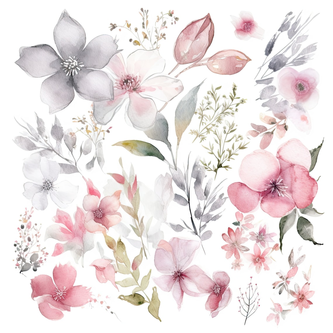 Pink and Silver Floral Clipart: Vintage Flowers With Silver Glitter ...