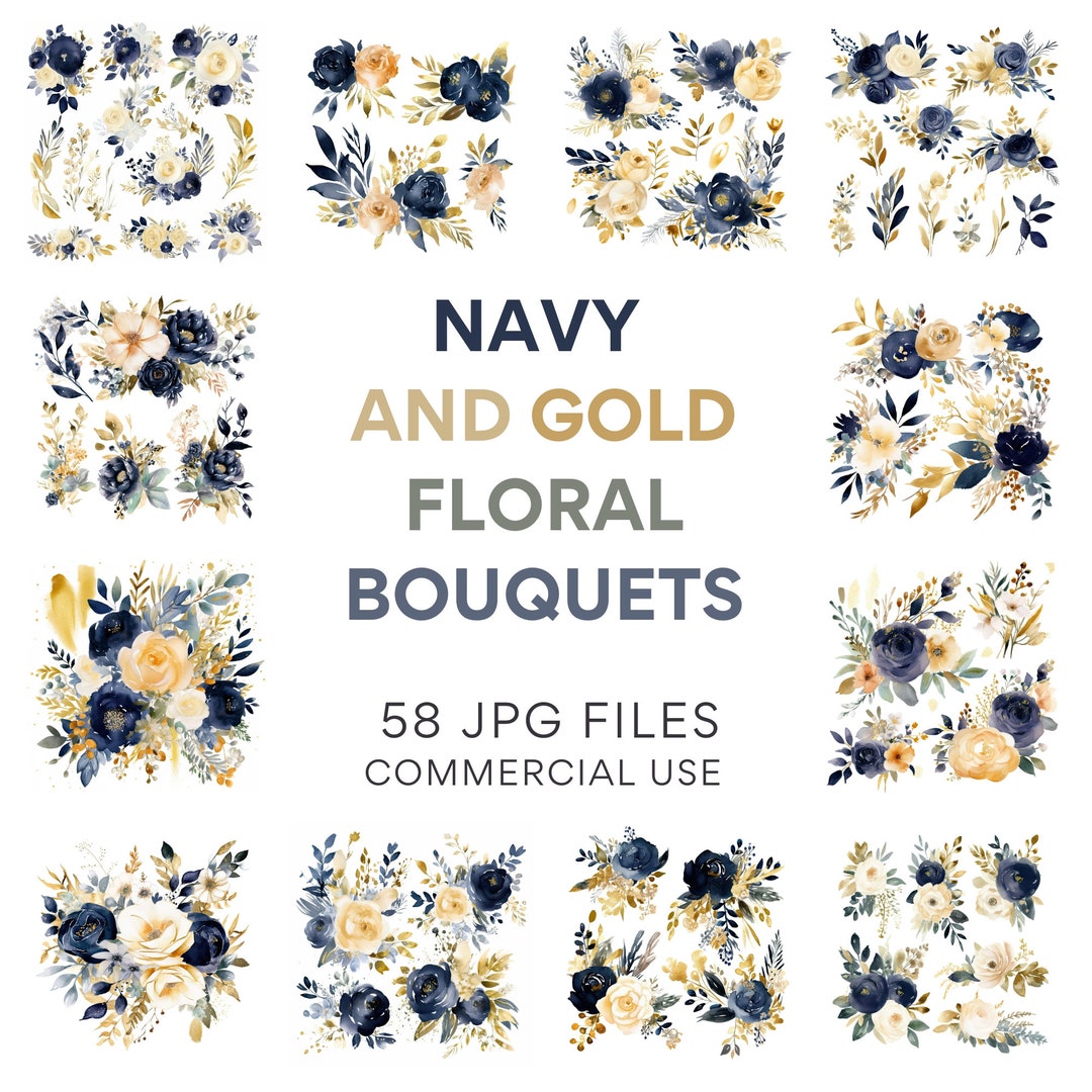Navy and Gold Floral Bouquets Clipart: Vintage Flowers for Wedding ...