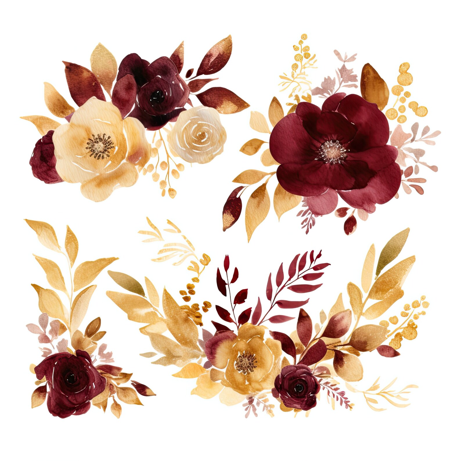 Maroon and Gold Floral Clipart: Rustic Flowers, Maroon Floral Bouquets ...