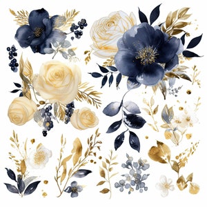 Navy and Gold Floral Clipart - Vintage Blue and Gold Flower Art, Rose ...