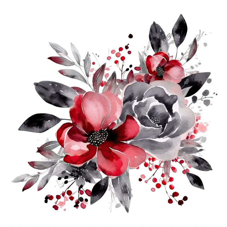 Crimson Black and Silver Floral Clipart With Glitter Flowers - Vintage ...