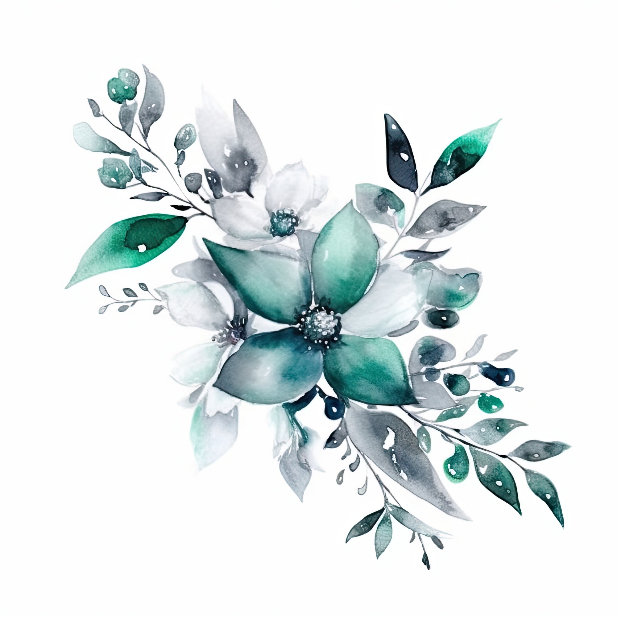 Emerald and Silver Floral Clipart: Rose & Green Bouquets, Vintage ...