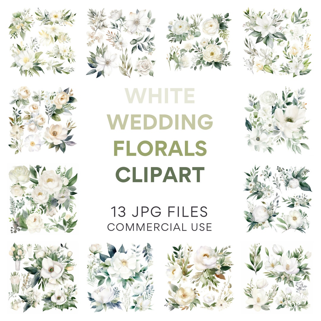 White Wedding Florals Clipart: Rustic Floral Wedding Flowers, White ...