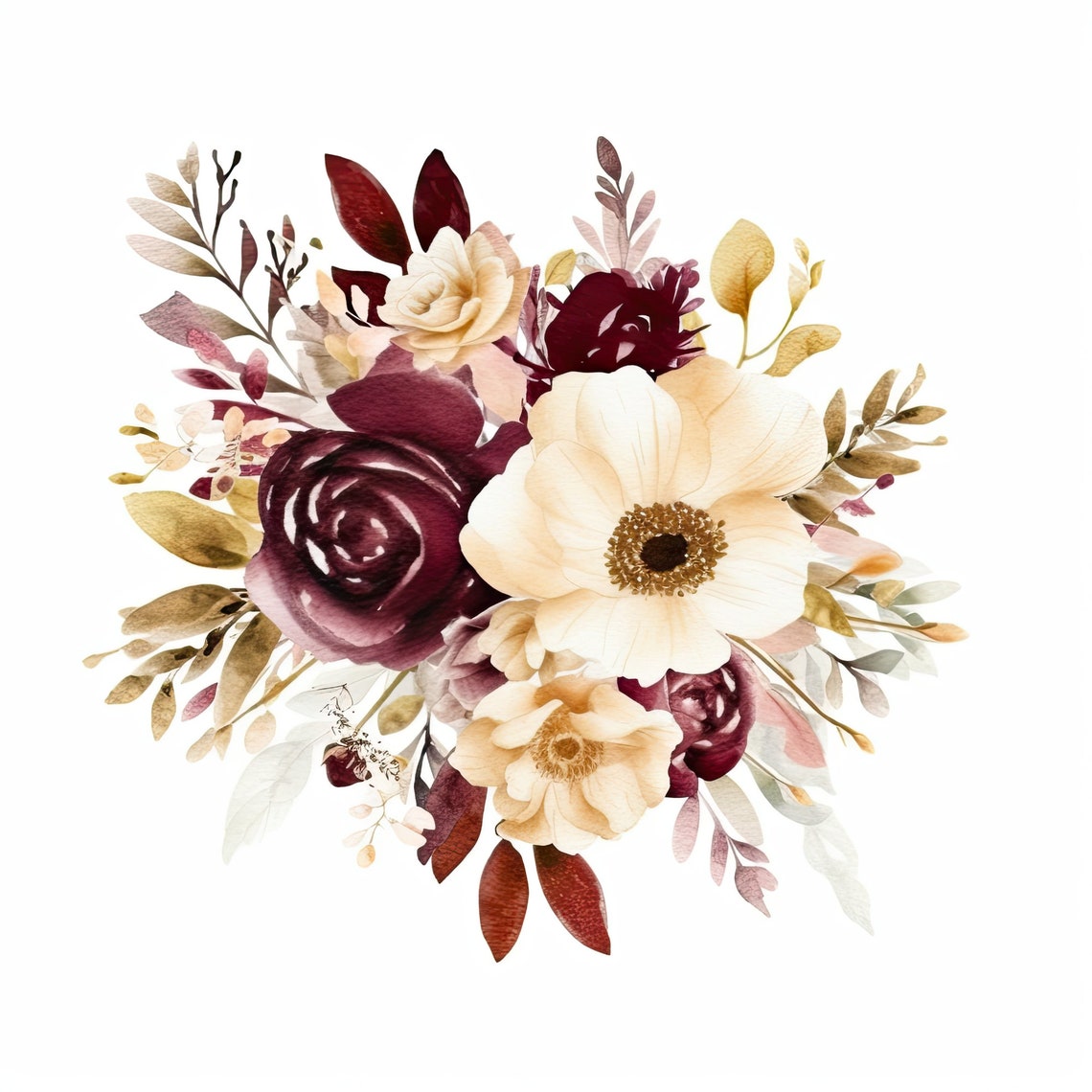Maroon and Gold Floral Clipart: Rustic Flowers, Maroon Floral Bouquets ...