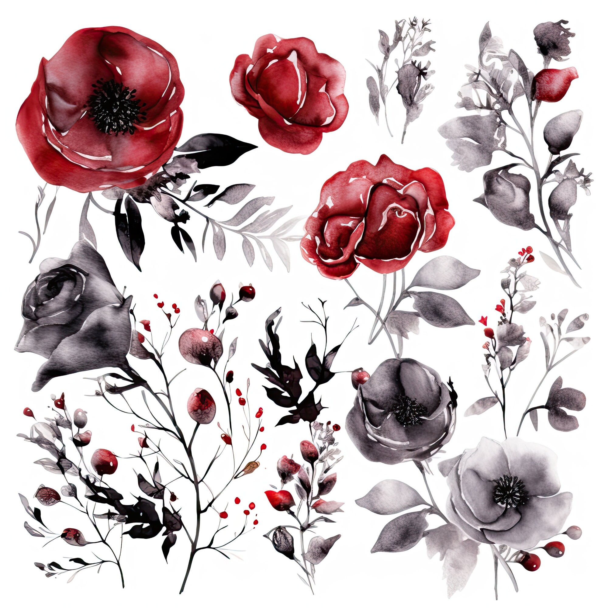 Crimson Black and Silver Floral Clipart With Glitter Flowers - Vintage ...
