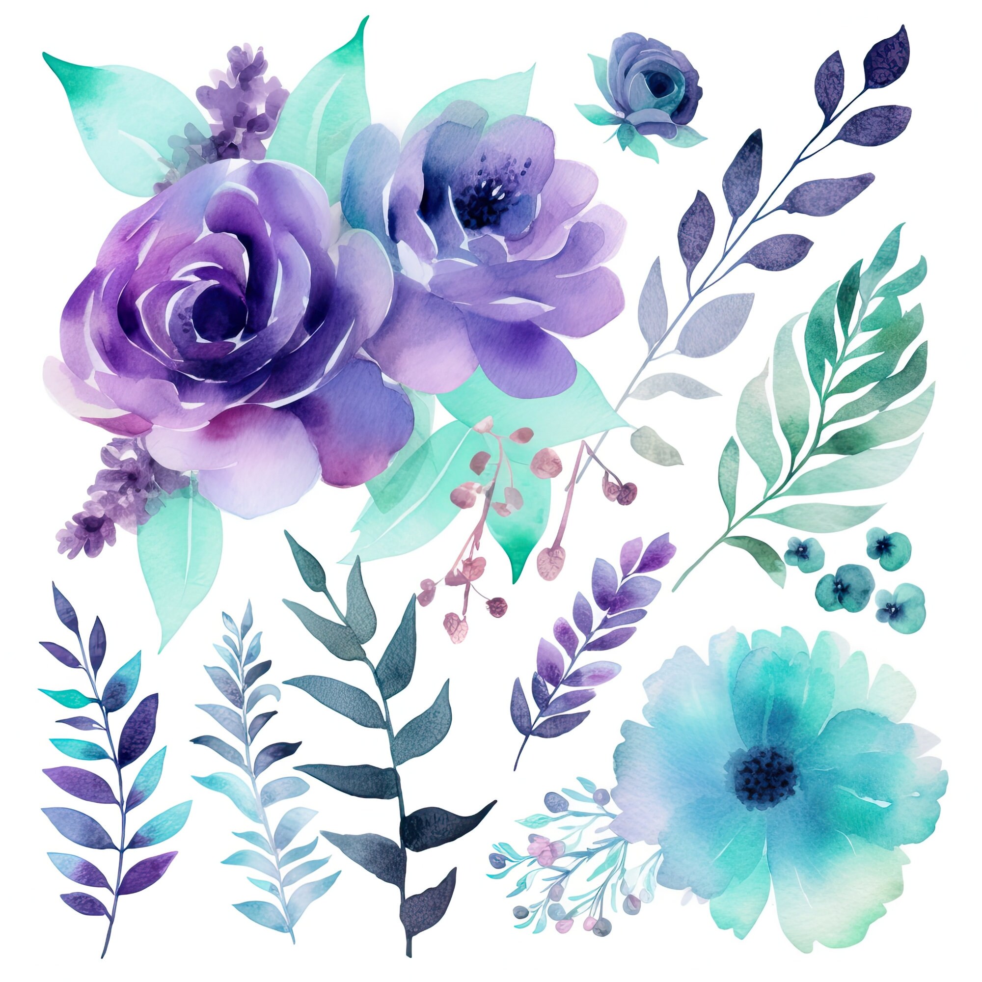 Turquoise and Lavender Floral Clipart Teal and Purple Vintage Flowers ...