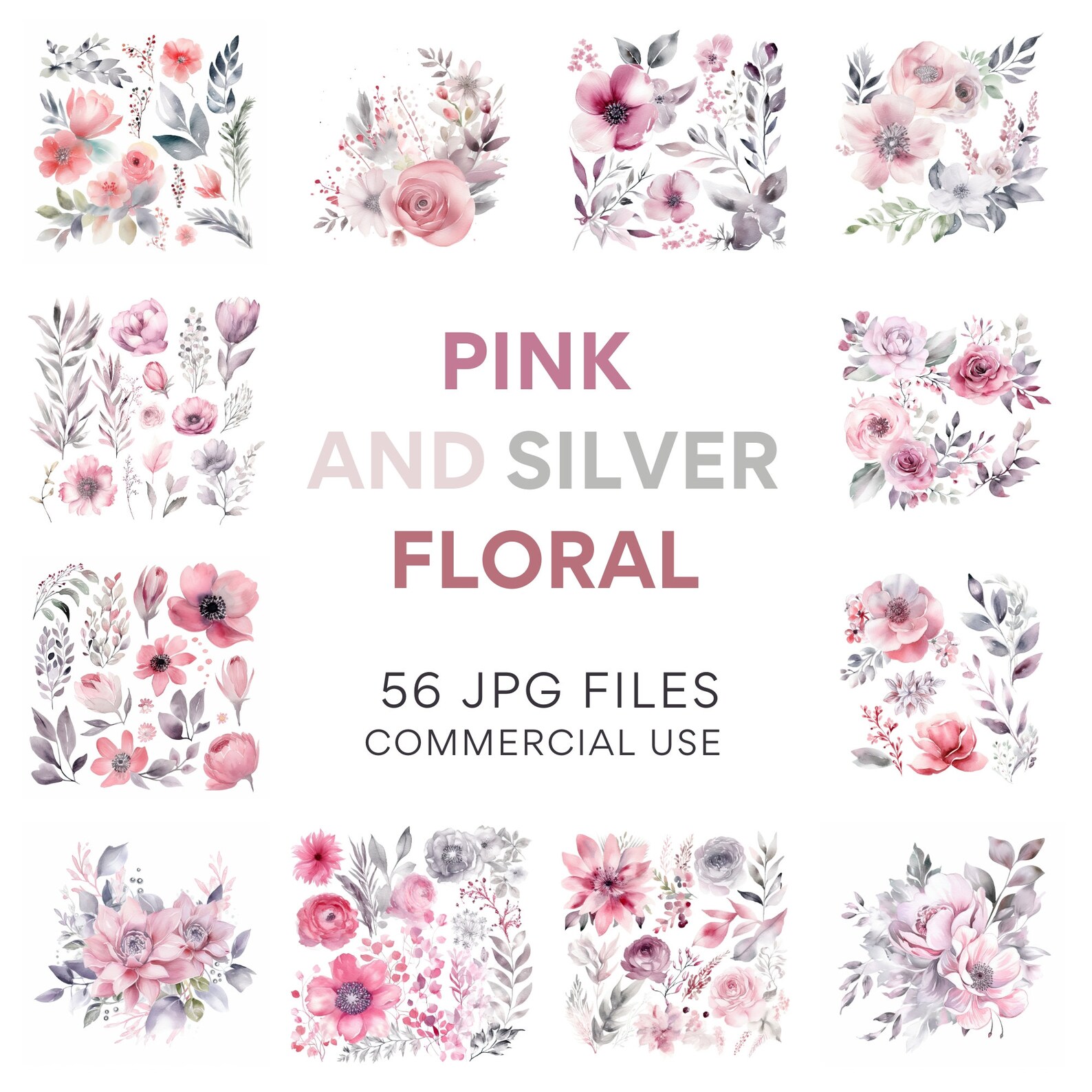 Pink and Silver Floral Clipart: Vintage Flowers With Silver Glitter ...