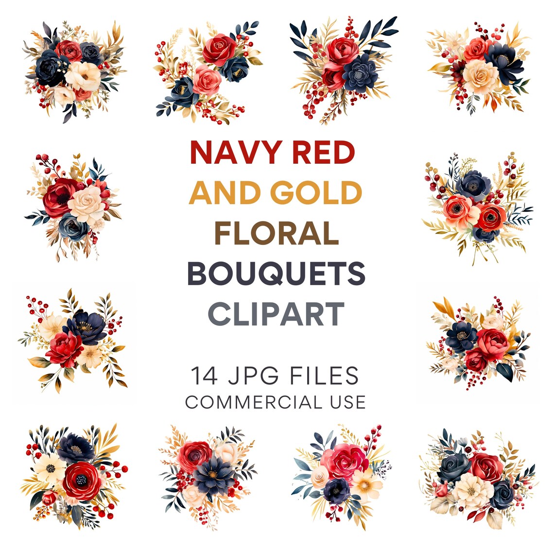 Navy Red and Gold Floral Bouquets Clipart Vintage Flower, Rustic Floral ...