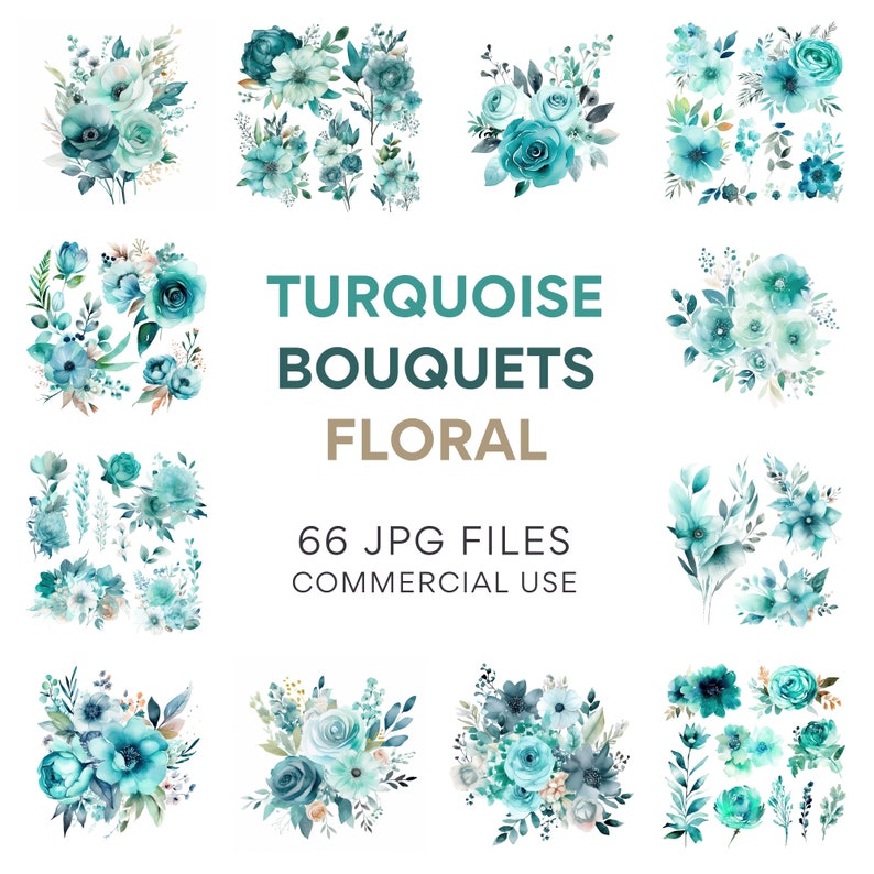 Turquoise Bouquets Floral Clipart: Rustic Wedding Vintage Flowers, Teal ...