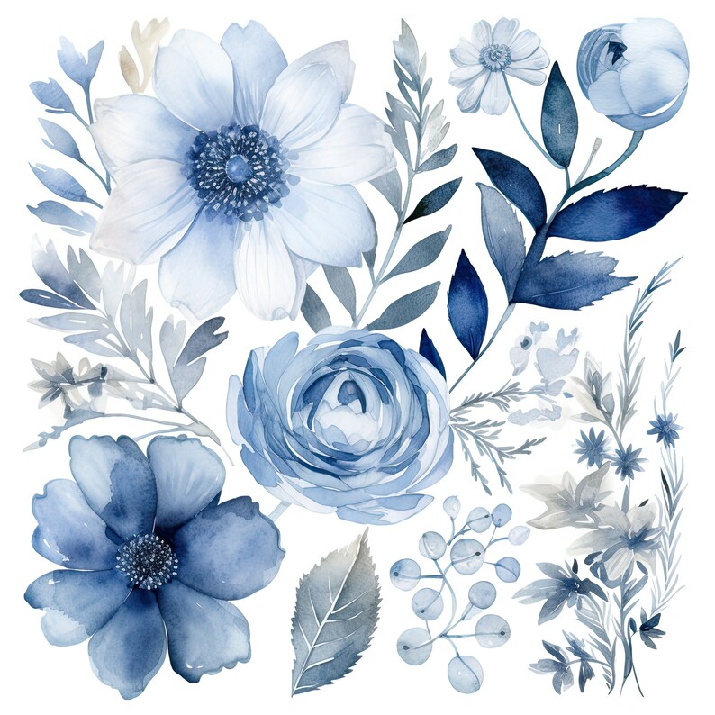 Blue & Silver Floral Clipart, Vintage Blue Flower Art, Glitter Overlay ...