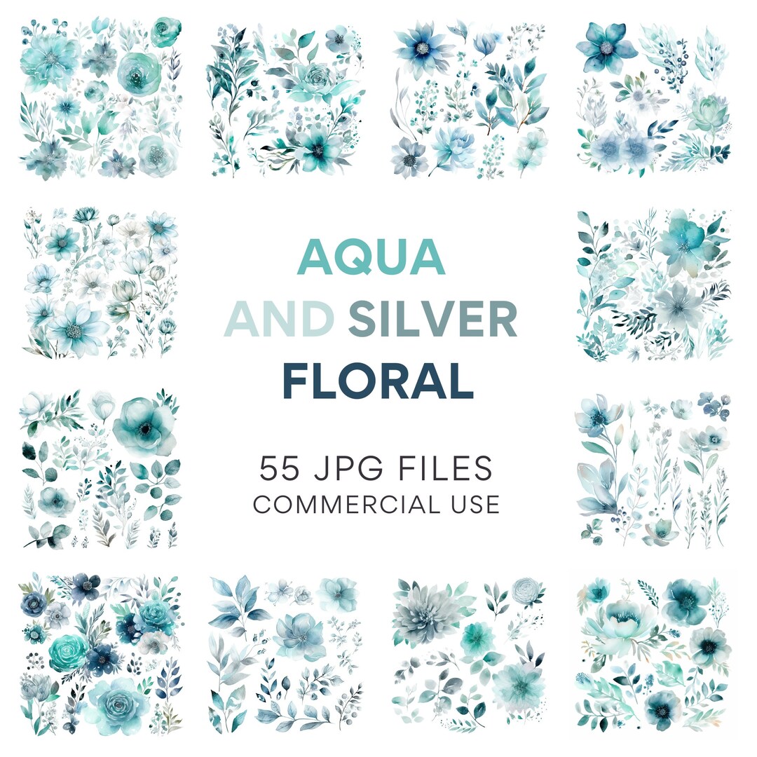 Aqua and Silver Floral Clipart Aqua Floral, Rustic Flower Border ...
