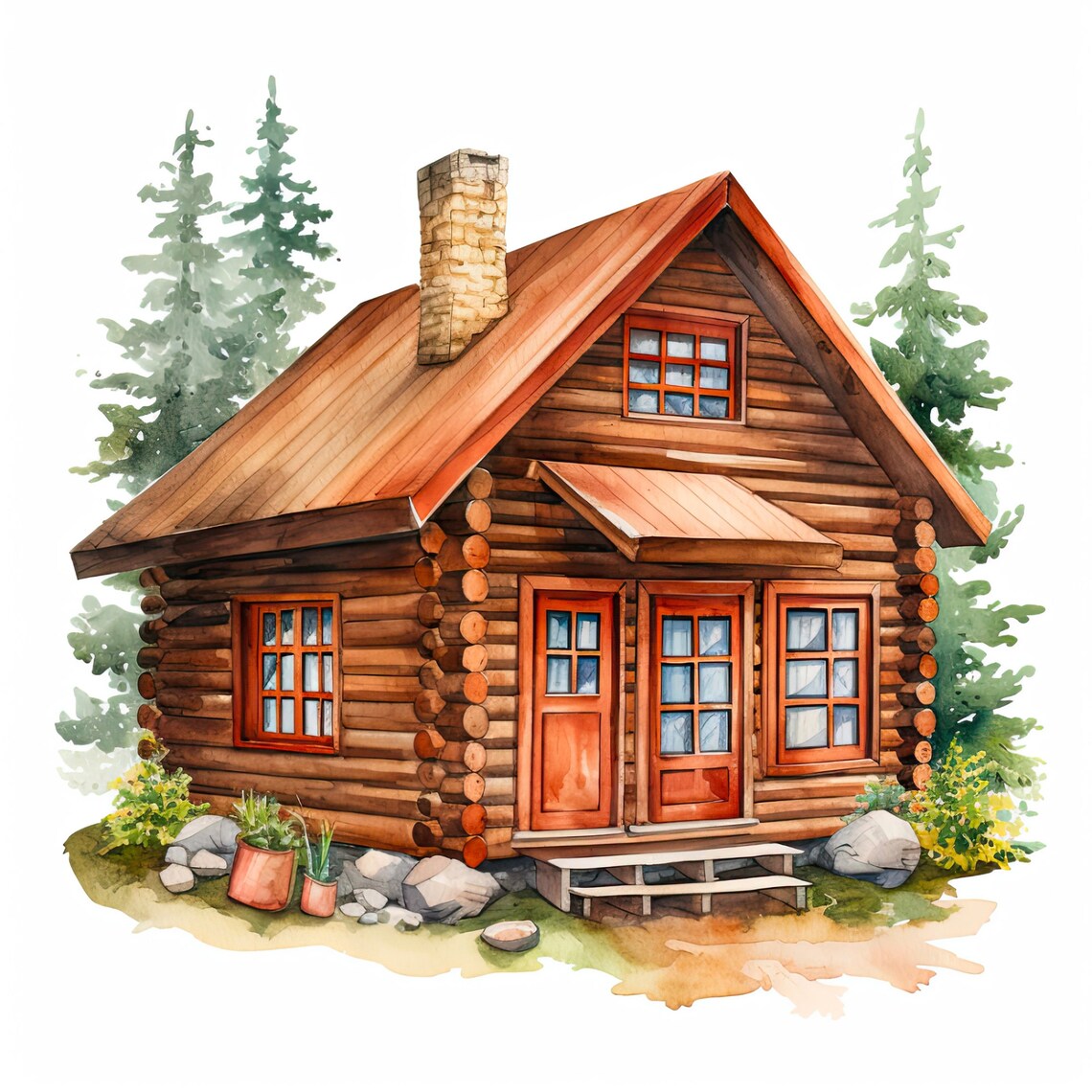 Cabin Clipart Bundle - Watercolor Cabin, Log Cabin Clipart, Digital Download, Commercial Use ...