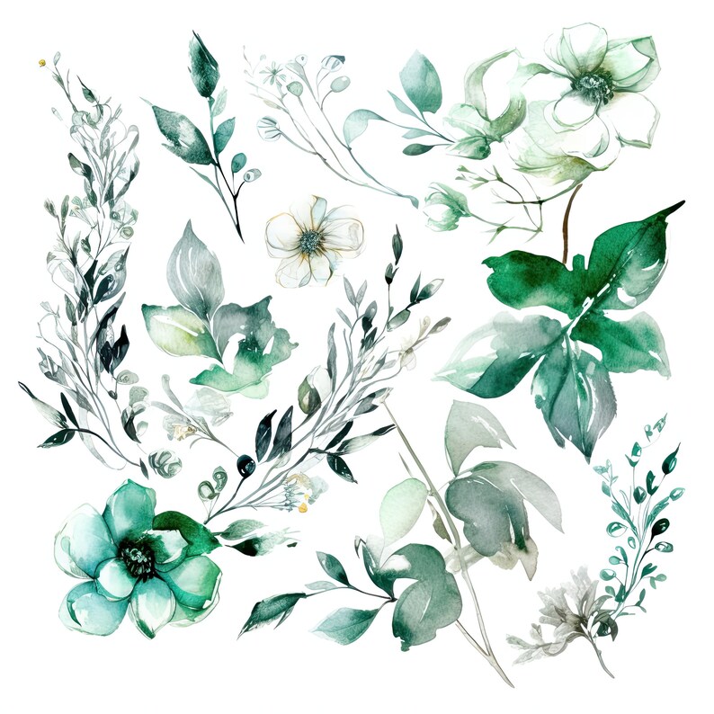 Emerald and Silver Floral Clipart: Rose & Green Bouquets, Vintage ...