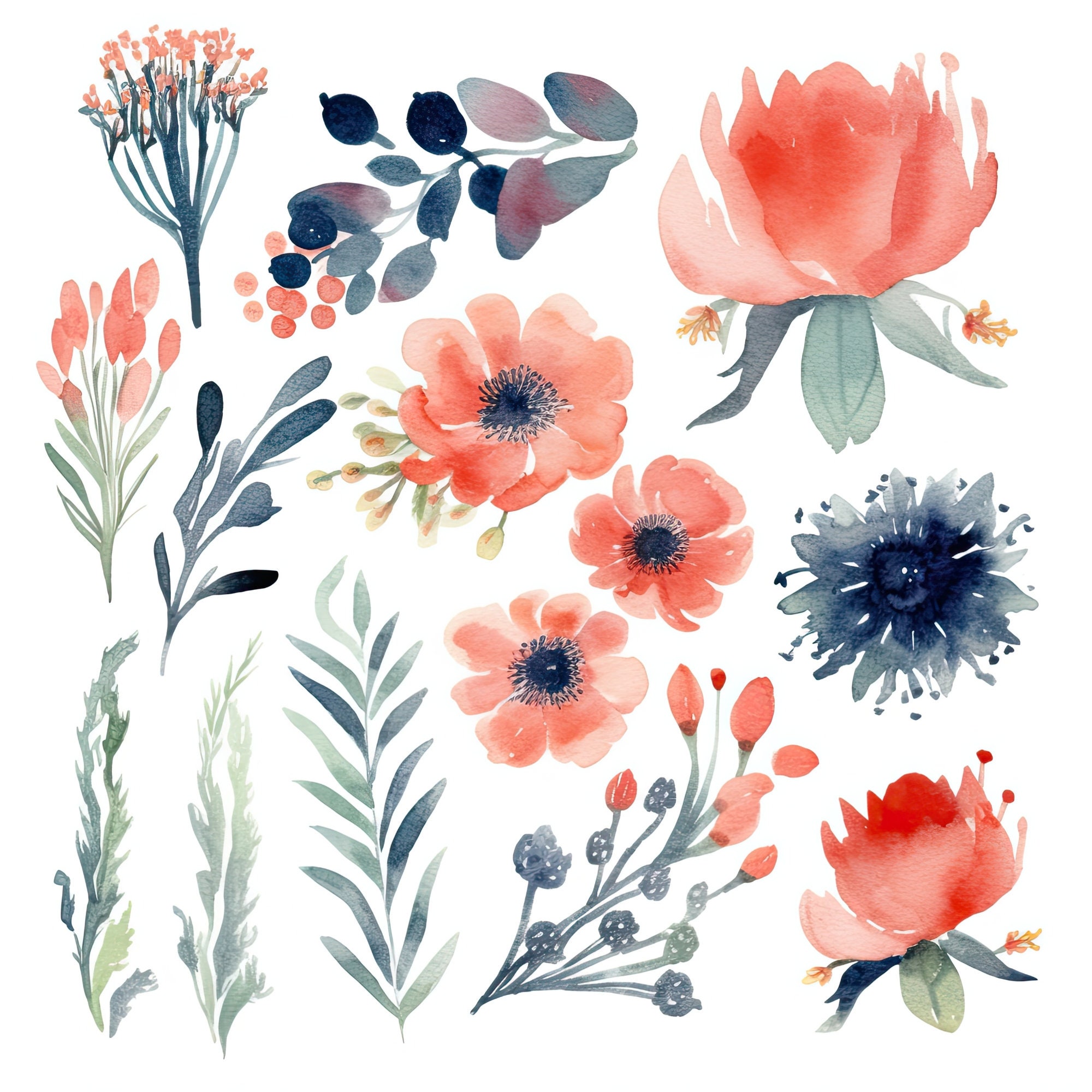 Coral and Navy Floral Clipart - Rustic Vintage Flowers for Wedding ...