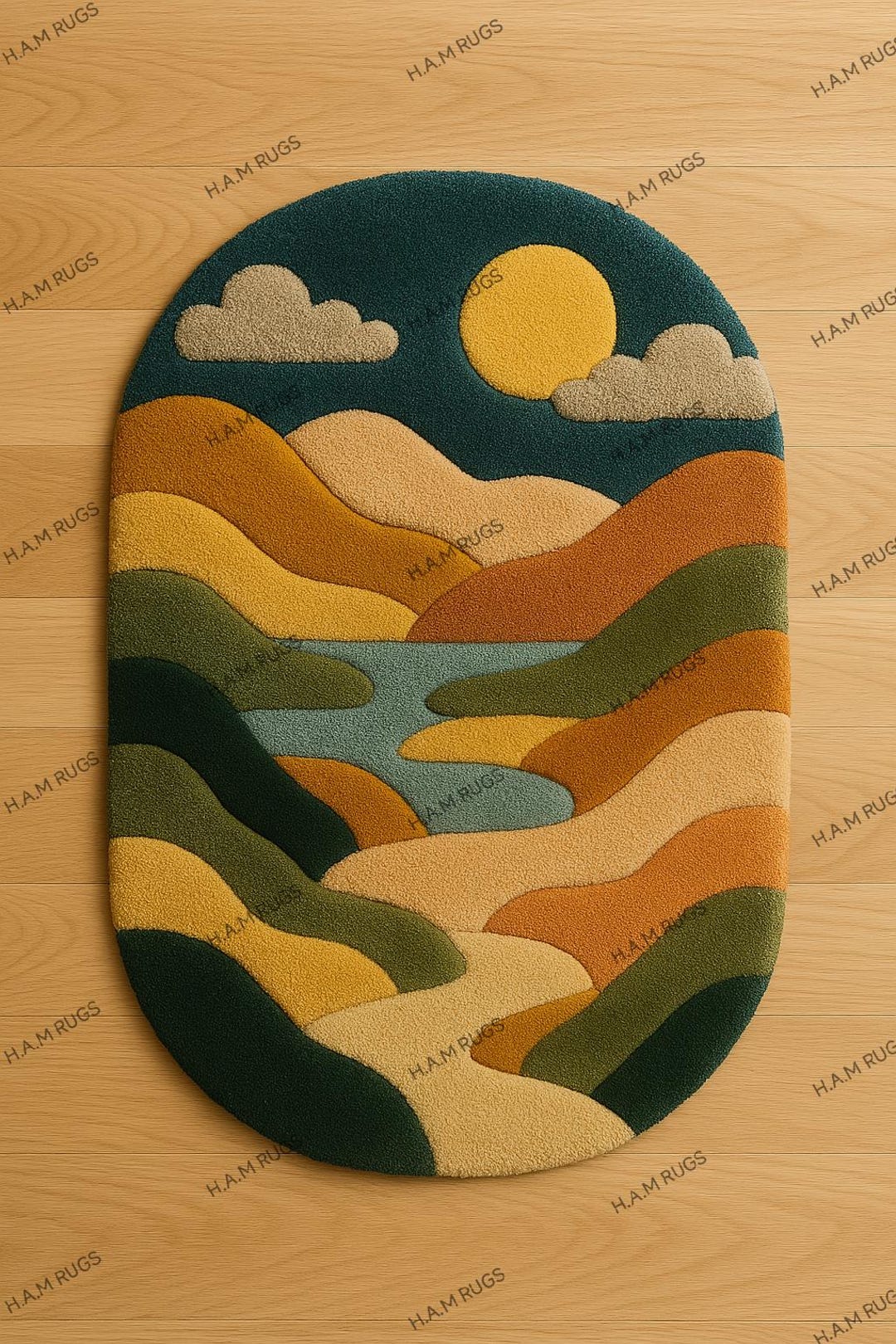 Landscape Sunset Area Rug-handmade Tufted Carpet With Mountain & Sun ...