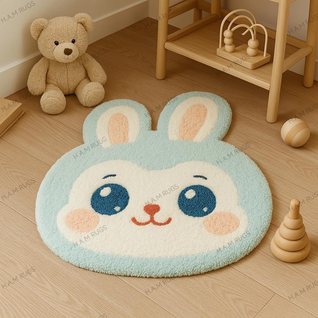 Cute Bunny Rug – Kids Nursery Animal Carpet | Pastel Blue Rabbit Face ...