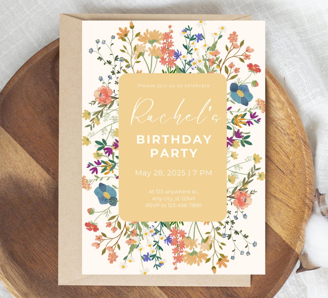 Wildflower Birthday Invitation, Flower Editable Invitation Template ...