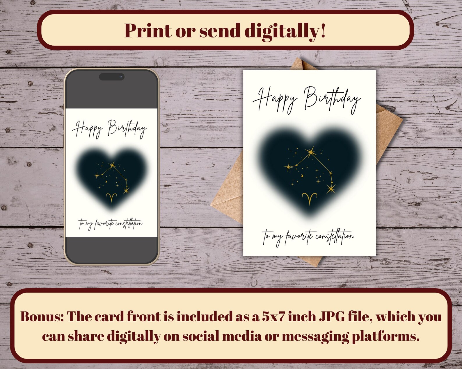 Aries Happy Birthday Card, Aries Constellation Greeting Card, Aura ...