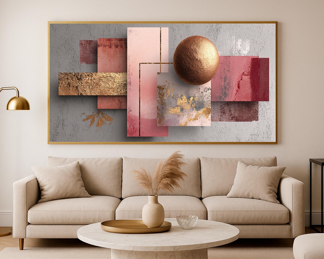 Blush Geometric Wall Art With Copper Sphere, Modern Abstract Collage ...