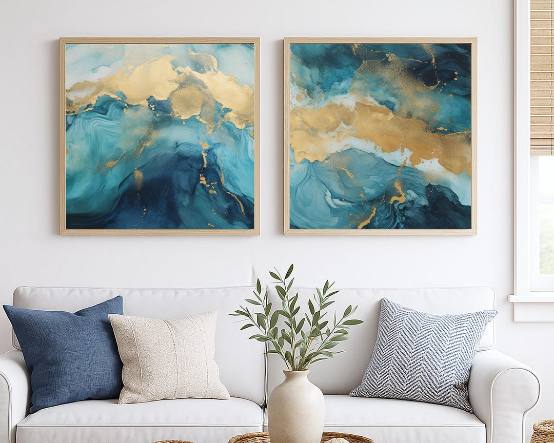 Teal & Gold Abstract Art Diptych – Modern Fluid Wall Decor (digital ...