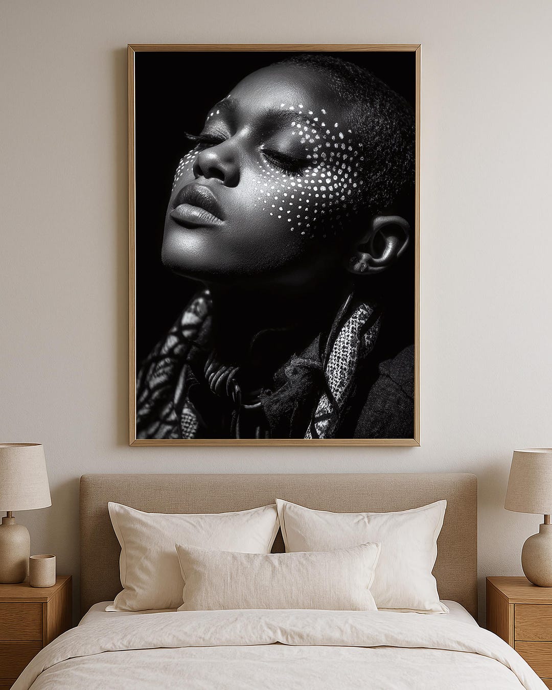 Black and White Dotted Face Paint Portrait, Serene Monochrome Wall Art ...