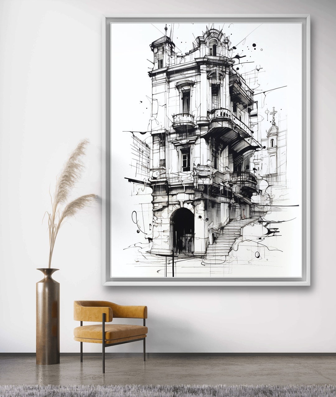 Building Pencil Drawing, Large Digital Wall Art, Vintage Sketch, Big ...
