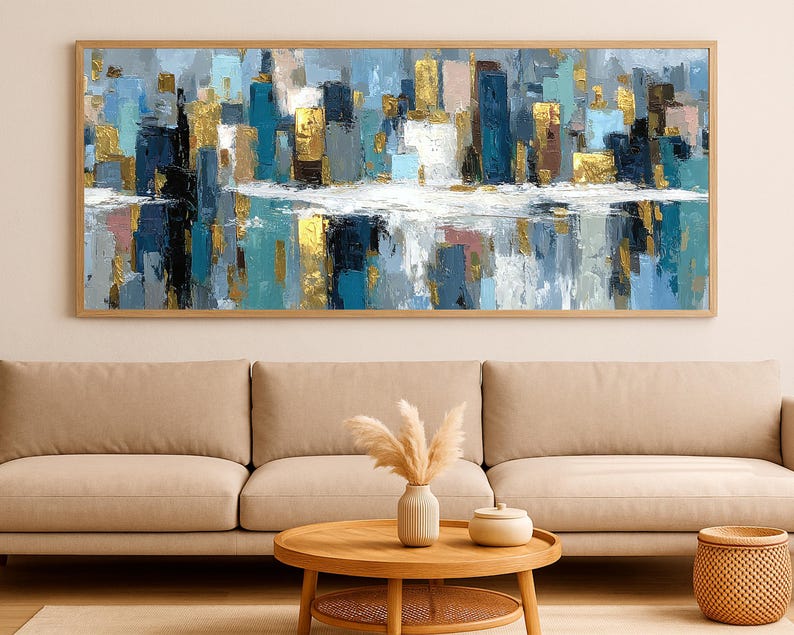 Arte de parede abstrata em tons de azul-petróleo e dourado com o ...