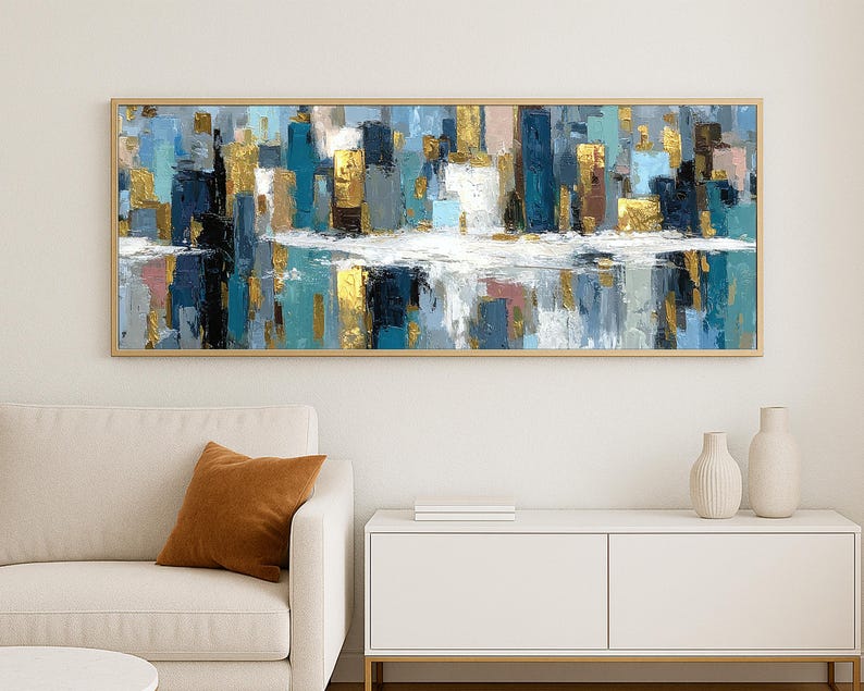 Arte de parede abstrata em tons de azul-petróleo e dourado com o ...