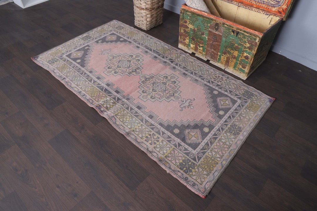Oushak Rug, 3'9x7'1 Feet, Pink Turkish Rug, Vintage Rug 3x7, Turkish ...