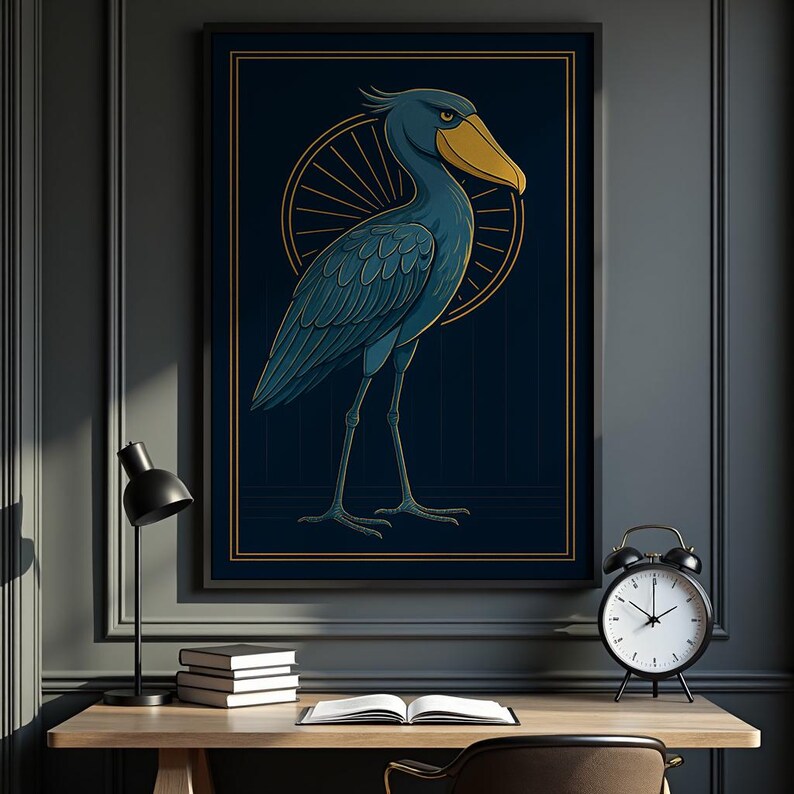 Shoebill Stork Art Deco Print | Navy Blue, Gold Vintage Illustration ...