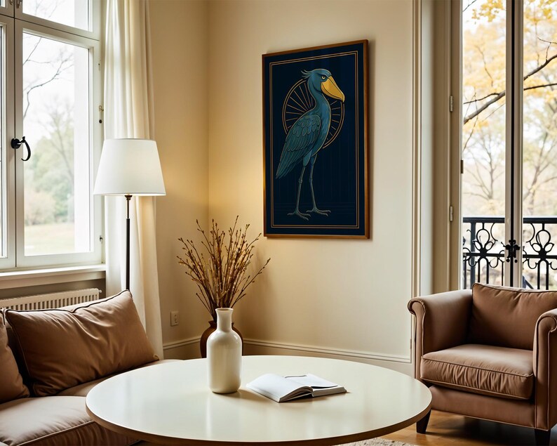 Shoebill Stork Art Deco Print | Navy Blue, Gold Vintage Illustration ...