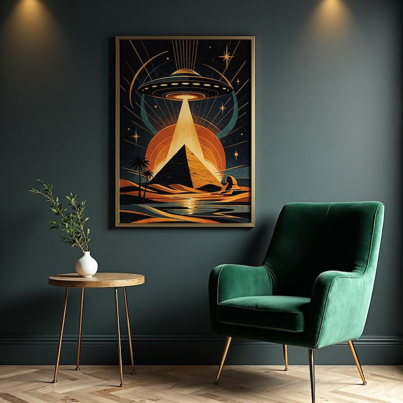 Art Deco Sci Fi UFO Pyramid Poster, Cosmic Desert Art - Etsy