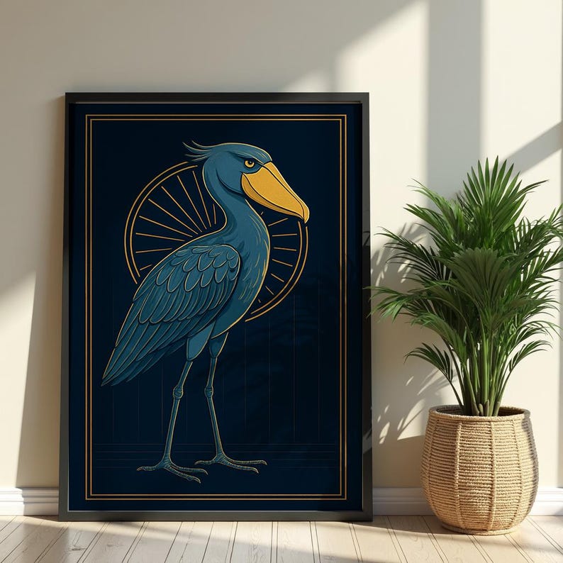 Shoebill Stork Art Deco Print | Navy Blue, Gold Vintage Illustration ...