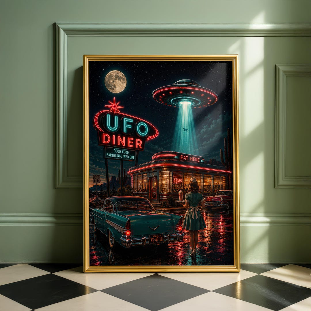 Retro UFO Diner Poster, Mid Century Sci-fi Wall Art, Vintage Americana ...