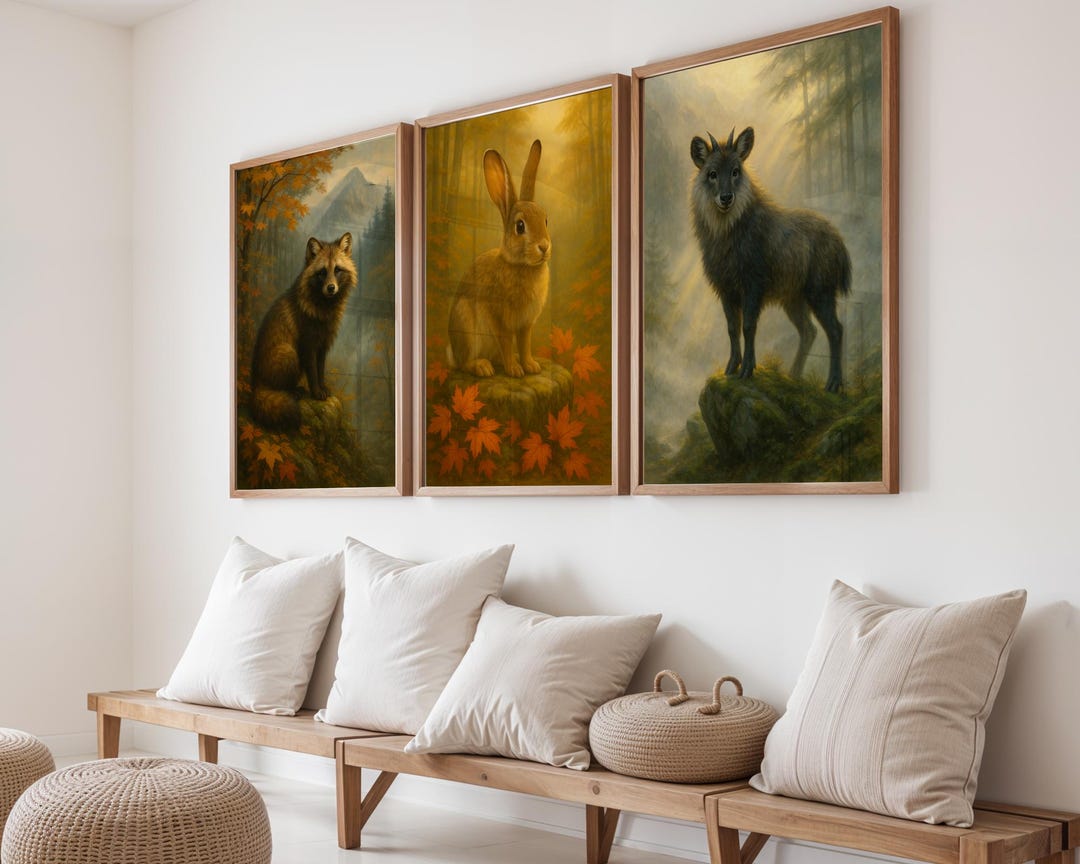 Forest Spirits Trio – Serow, Hare & Tanuki Wall Art Set | Woodland ...