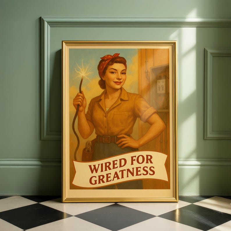 Retro Feminist Pinup Poster – Empowered Woman Electrician Art (digital ...