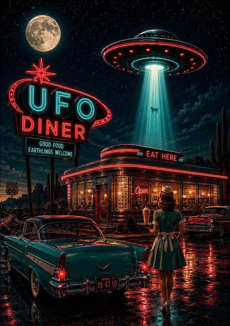 Retro UFO Diner Print, Mid Century Sci-fi Poster, Neon Americana Wall ...