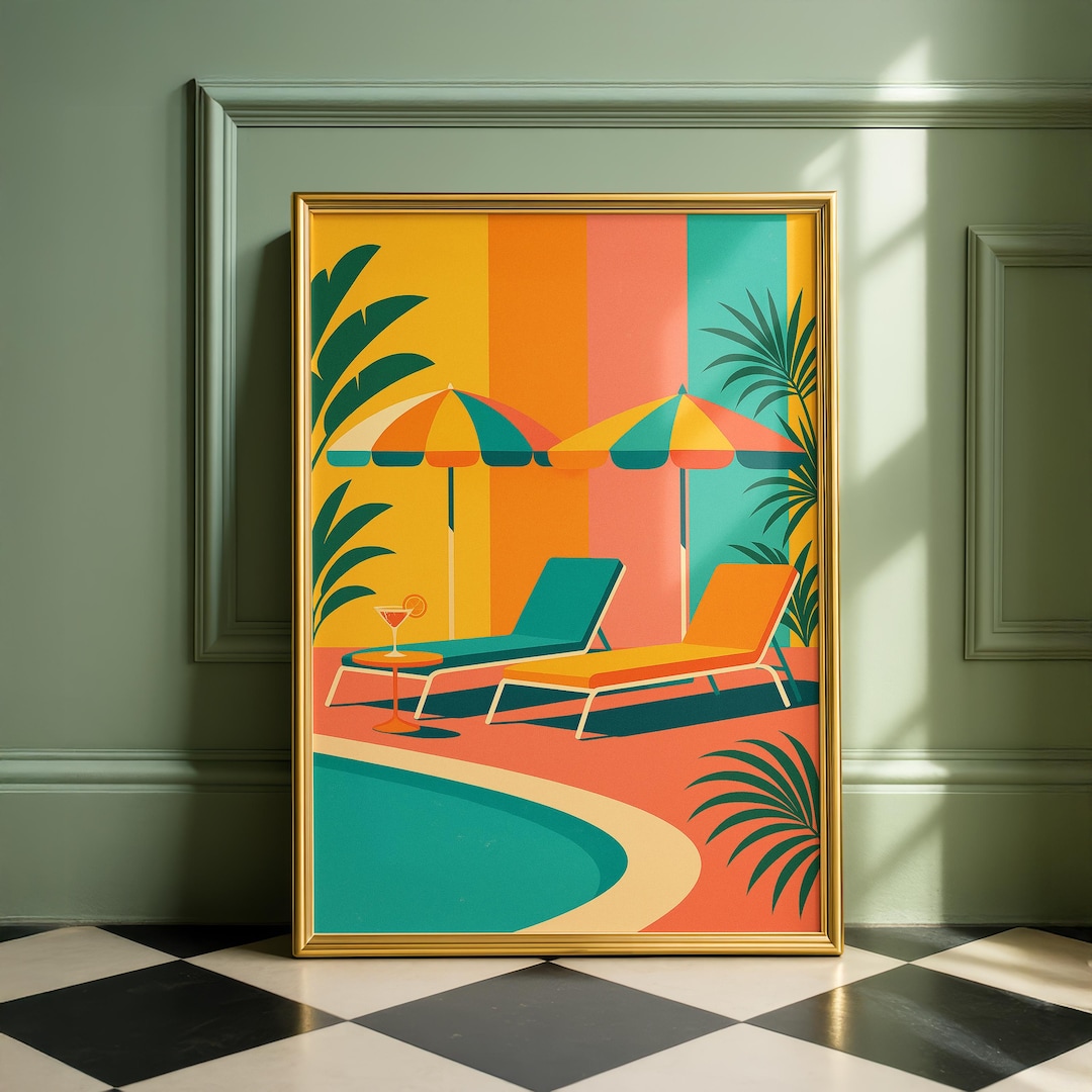 Retro Poolside Print – Mid-century Modern Wall Art, Summer Lounge ...