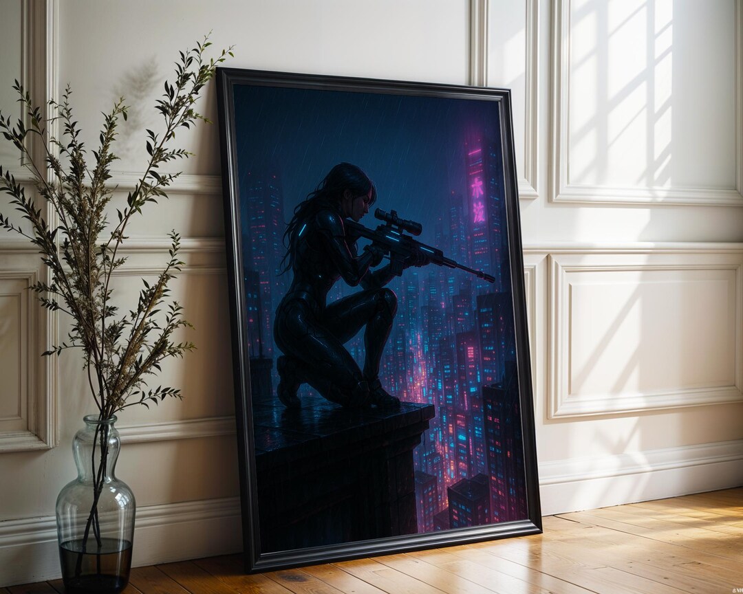 Cyberpunk Female Sniper Art Print: Neon Sci-fi Gamer Room Decor ...