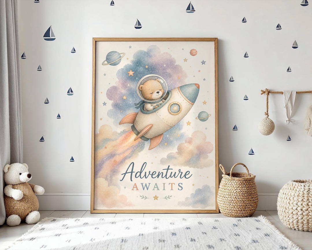 Bear Astronaut Rocket Print, Pastel Watercolor Space Nursery Art ...