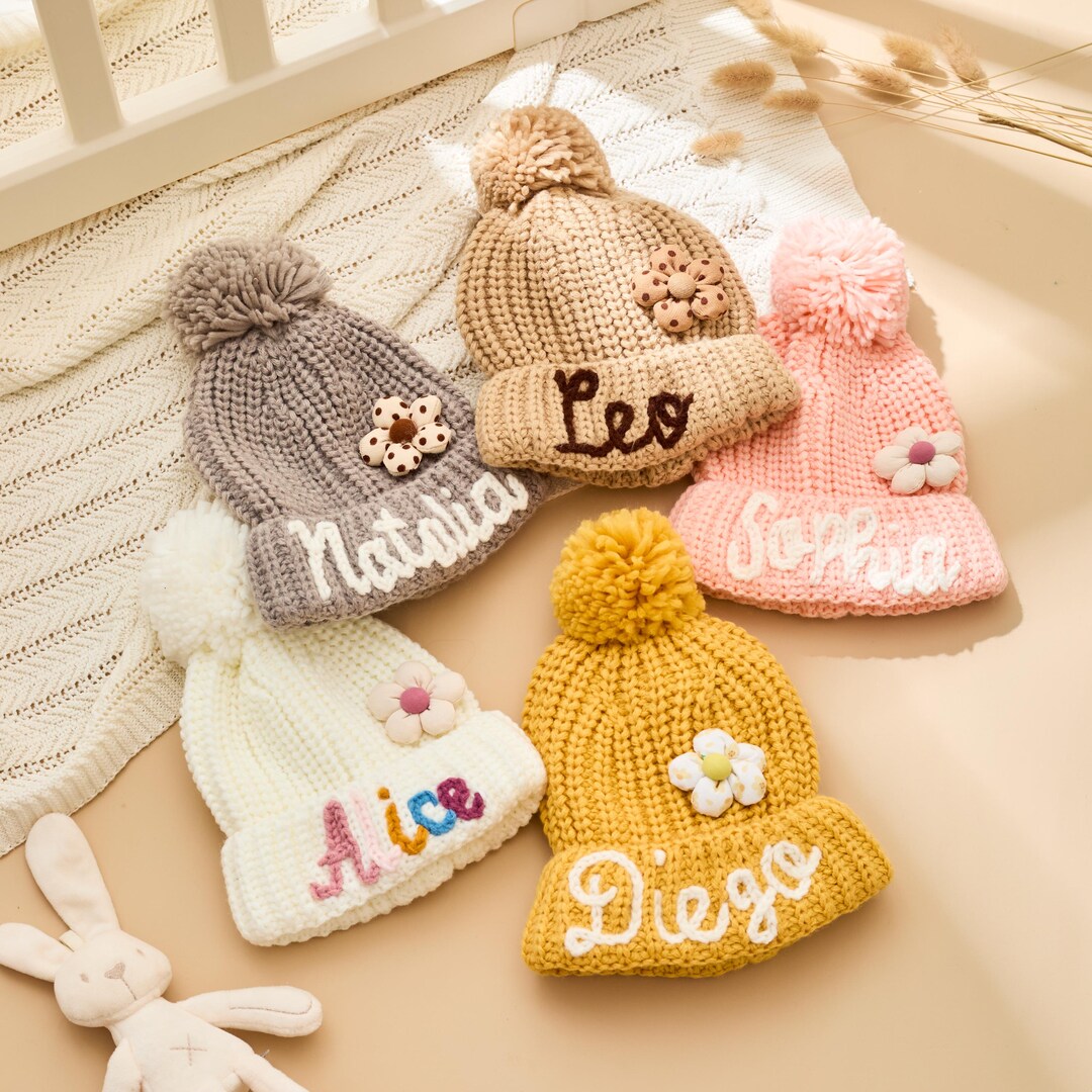 Cute Pom Pom Beanie With Name, Cozy Toddler Beanie With Custom ...